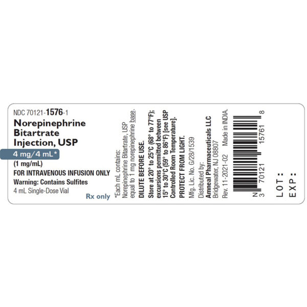 Norepinephrine Bitartrate Injection, 1mg/mL Single Dose Vial 4mL ...